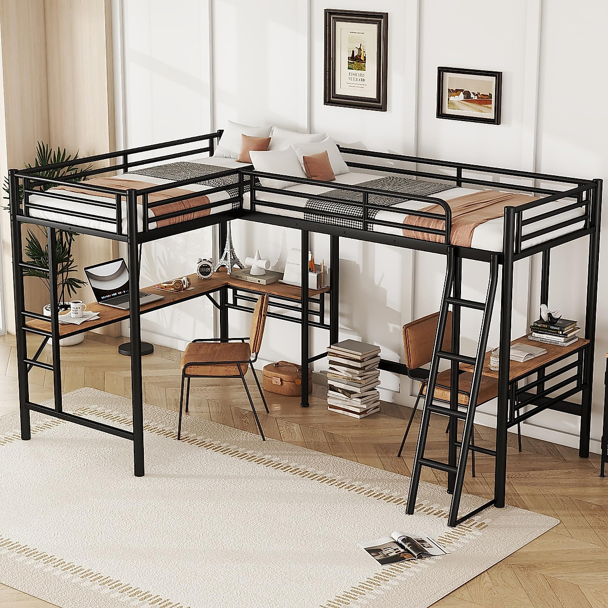 MERITLINE Metal Twin Size L-Shaped Loft Bed, Twin Size Loft Bed Frame with Two Built-in Desks Underneath for Kids Boys Teens, Black