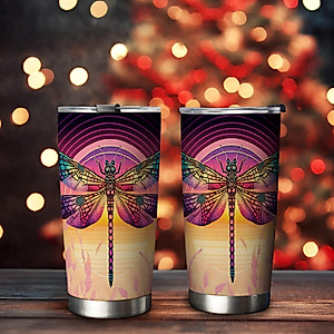 ORCAE 20oz Colorful Hippie Dragonfly Tumbler, Gifts for Dragonfly Lovers, Coffee Thermos for Women, Stainless Steel Double Wall Vacuum Insulated Coffee Mug, Travel Cup with Lid - B