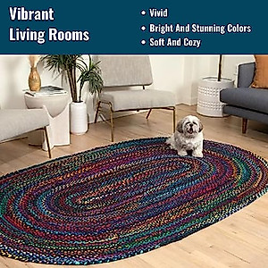 Homespice Hand Made Cotton Chindi Rugs 4x6 Feet Oval Braided Rugs, Reversible Area Rugs, Braided Multi Color Chindi Cotton Area Rugs, Bohemian Area Rugs for Living Room and Bedroom (Blue - 4' x 6')