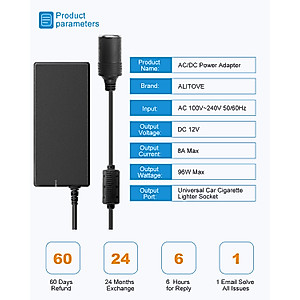 ALITOVE AC to DC Converter 12V 8A 96W, 100V-240V to 12V Power Supply Adapter Car Cigarette Lighter Socket, AC/DC Transformer for Portable Cooler Warmer, Massage Coushion,Other Car Devices Under 96W