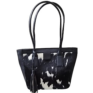 Exotic Cowhide Tote Bag Hair on black white Cowhide Women Purse Shoulder Bag (Brown)