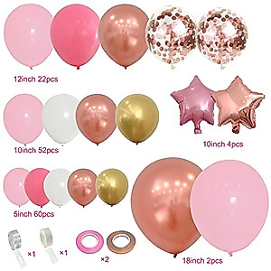 JULLIZ 144Pcs Rose Gold Pink Balloon Garland Arch Kit, Metallic Rose Chrome Gold Balloons for Birthday Wedding Party Bridal Shower Anniversary Decorations with Shiny Star Mylar Balloons