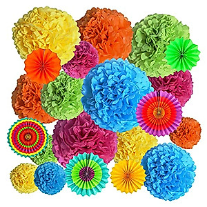 Colorful Paper Party Decorations, 21 Pcs Multi-Color Hanging Paper Fans， Pom Poms Flowers, Premium Material with Vivid Colors, Hanging Décor for Birthday，Wedding，Fiesta ，Mexican Party