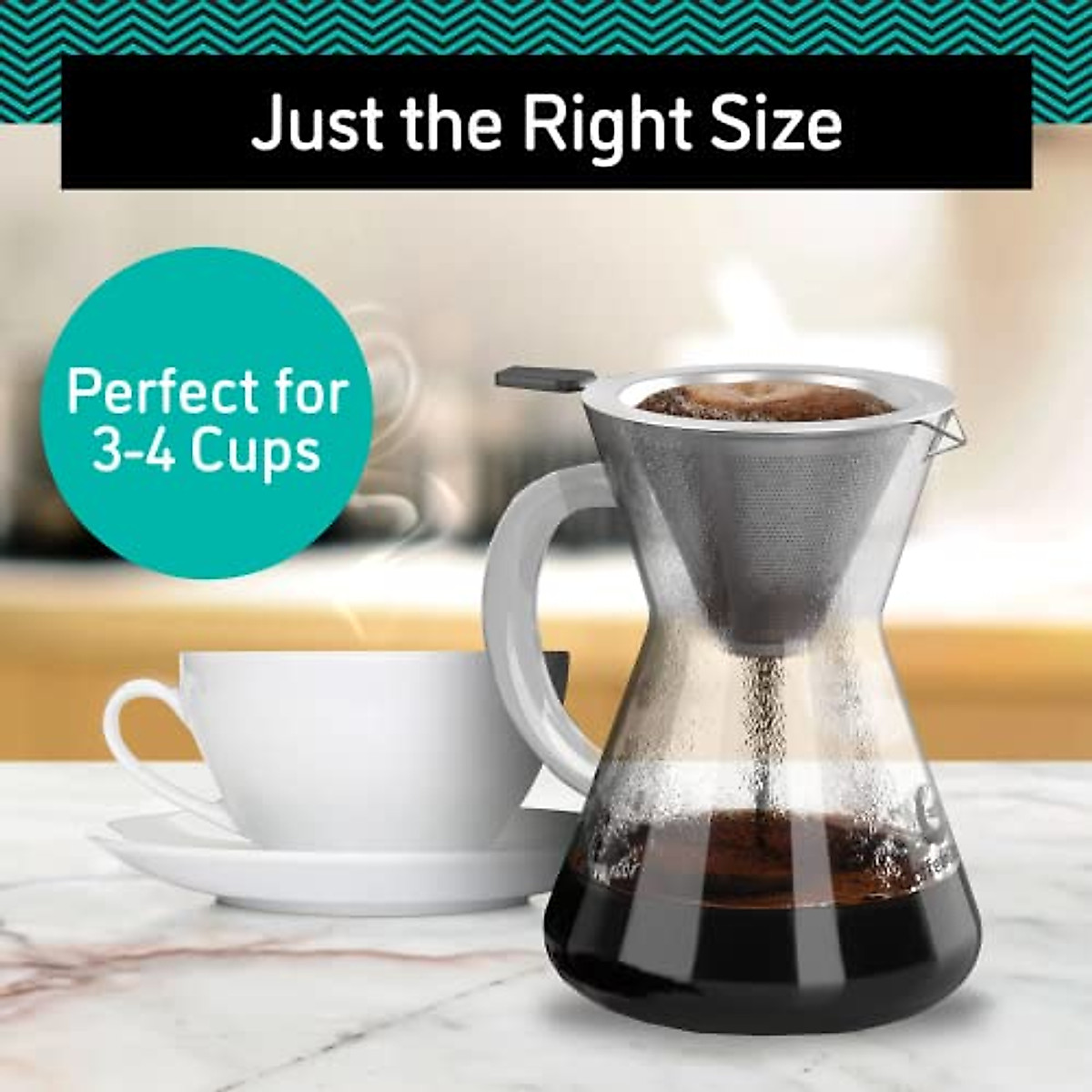 Coffee Gator Pour Over Coffee Maker - 14 oz Paperless, Portable, Drip Coffee Brewer Pour Over Set w/Glass Carafe & Stainless-Steel Mesh Filter, 400ml Clear