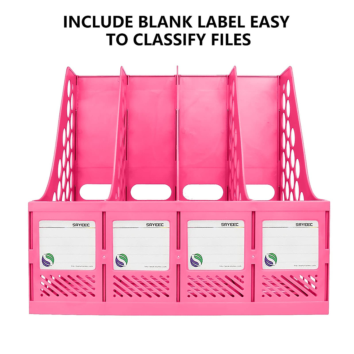 SAYEEC Magazine File Holder, Plastic Desk Organizer File Folder Holder for Desk with 4 Vertical Compartments, Sturdy Desktop Binder Organizer Home Accessories Storage for Office Organization (Pink)
