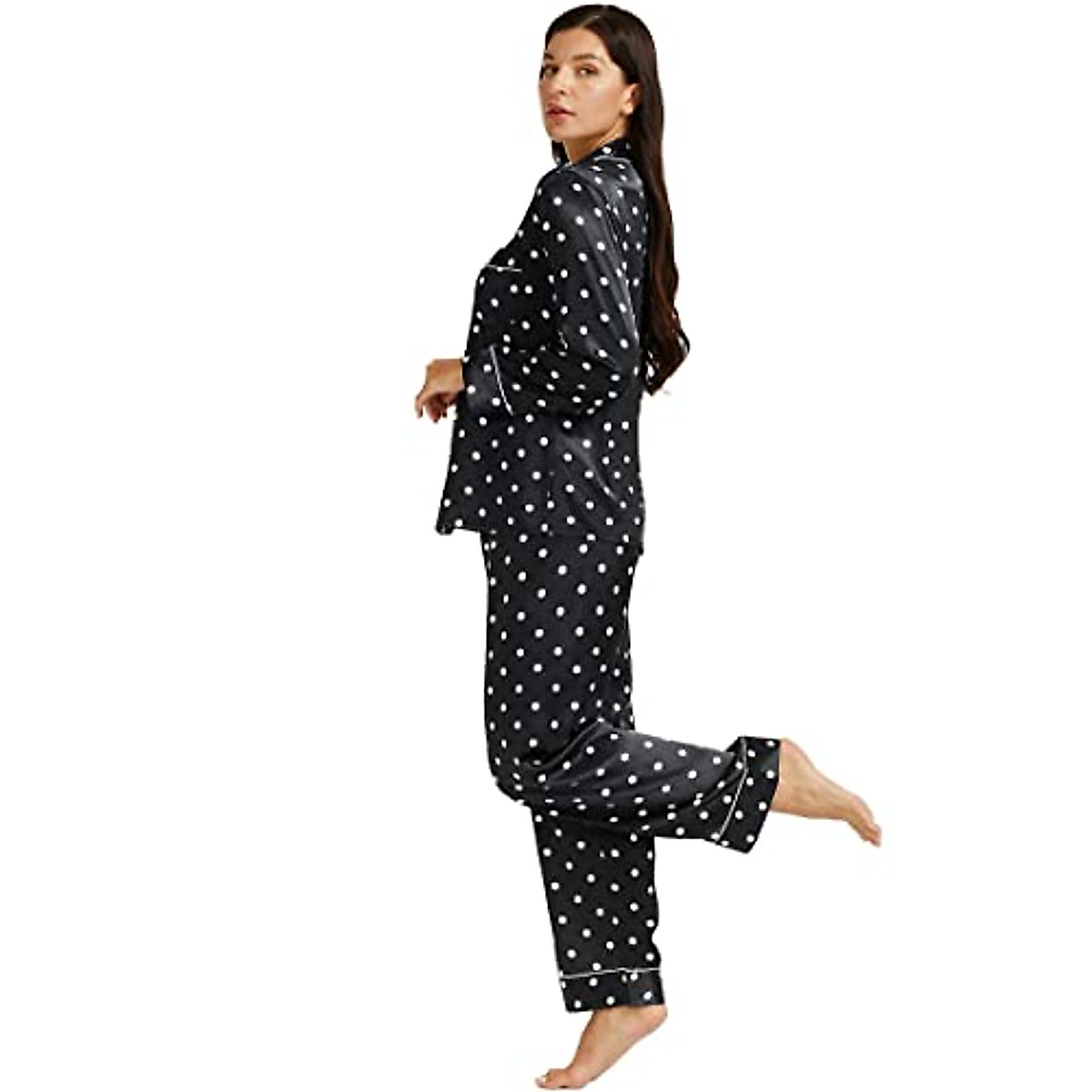 Womens Silk Satin Pajamas Set Sleepwear Loungewear Black XL