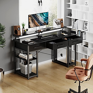 ODK Computer Desk with Drawers and Storage Shelves, 48 inch Home Office Desk with Monitor Stand, Modern Work Study Writing Table Desk for Small Spaces, Black