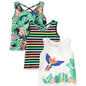 The Children's Place Baby Toddler Girls Sleeveless Fashion Tank Top, Tropical/Tropical Scene/Stripes 3-Pack, 4T