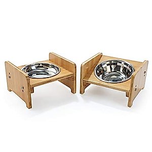 FOREYY Set of 2 Raised Pet Bowls for Cats and Small Dogs - Bamboo Tilted Single Elevated Dog Cat Food and Water Bowls Stand Feeder with 3 Stainless Steel Bowls and Anti Slip Feet for Comfort Feeding
