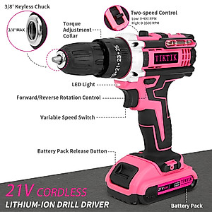 TIKTIK Pink Cordless Drill Set,21V Cordless Power Drill Tool Box with Battery and Charger,Torque 45N,3/8-Inch Keyless Chuck,25+3 Position and Drill Bits,Electric Screwdriver Driver Tool Kit for Women