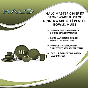 HALO Master Chief 117 Stoneware 8-Piece Dinnerware Set | Plates, Bowls, Mugs
