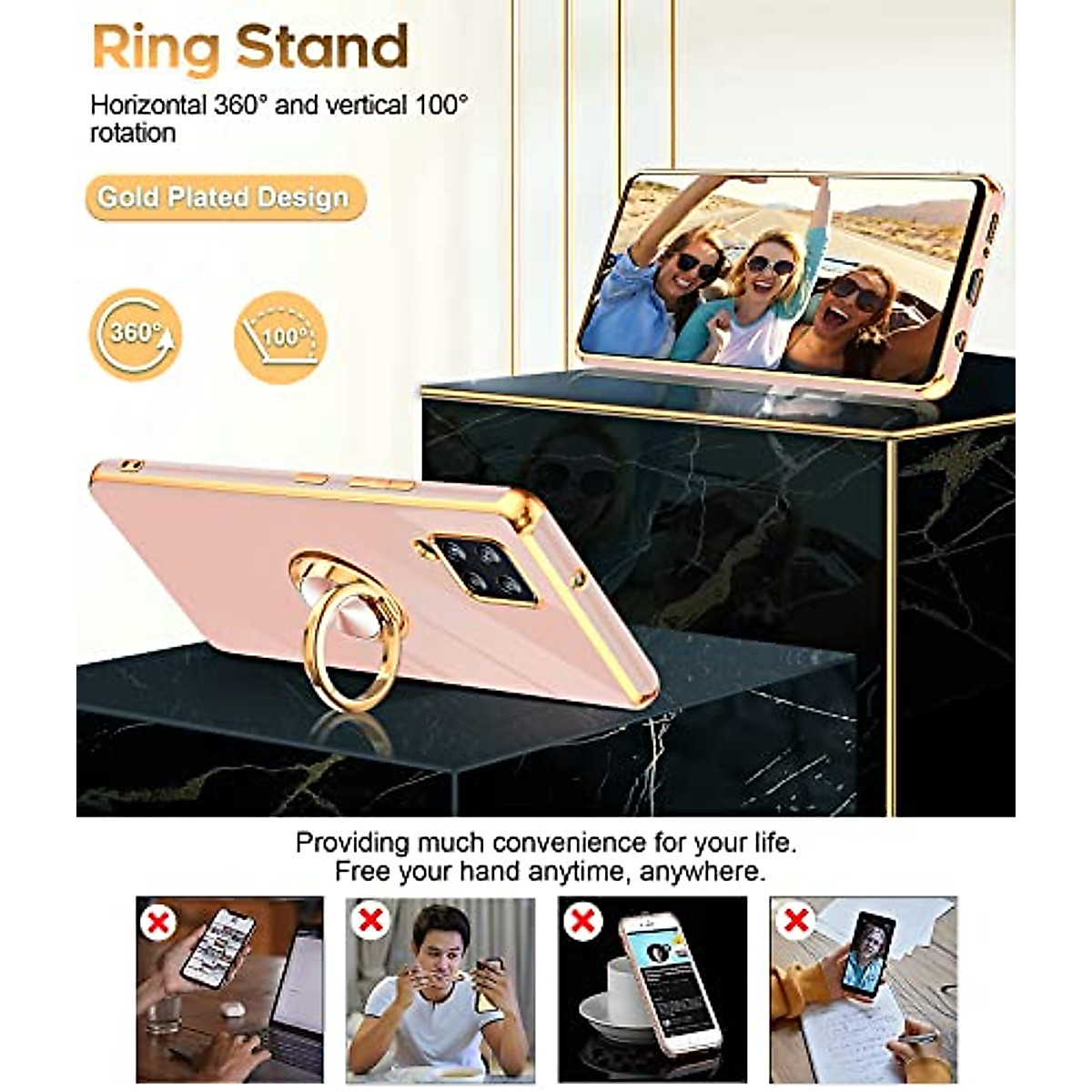 LeYi for Samsung Galaxy A42 5G Case with Tempered Glass Screen Protector [2 Pack] 360° Rotatable Ring Holder Magnetic Kickstand, Plating Rose Gold Edge Protective Case, Pink