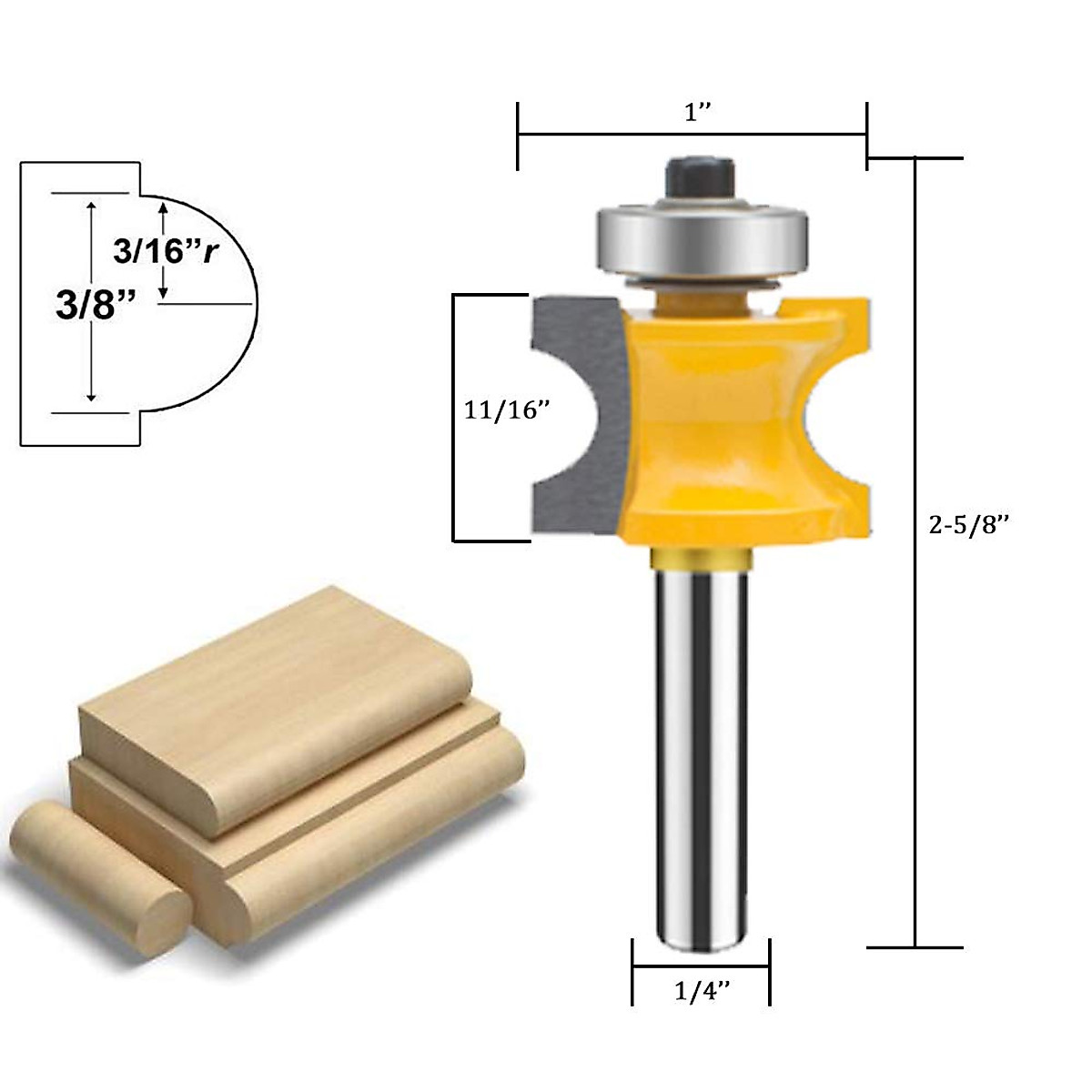TAIWAIN 5PCS Router Bit Set Woodworking Cutter 1/4 Inch Shank, Half Round Bearing Bullnose Milling Cutter Bits, Carbide Tipped Round Edge Cutting Ball Blade Radius 1/8" 3/16" 1/4" 5/16" 3/8"