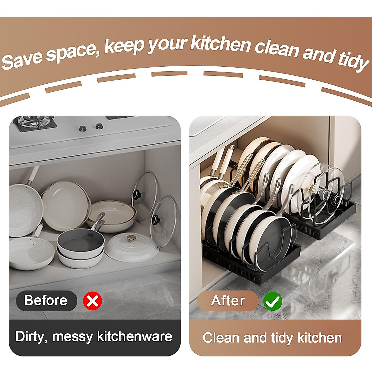 Enskatec Pots and Pans Organizer Under Cabinet, Sliding Pot Lid Holder and Pan Rack in Kitchen, Pull out Pot and Pan Organizer, for Pot Lid, Bakeware, Dishes, Pots and Pans Storage