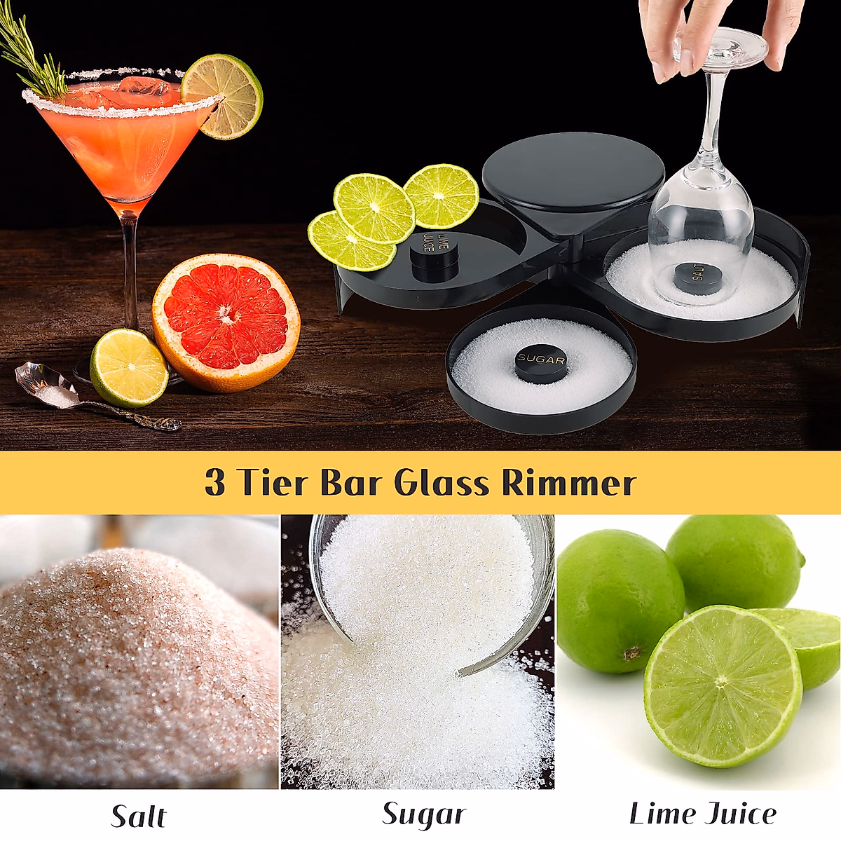 MYFULLY 3 Tier Bar Glass Rimmer Bartender Tool with Sponge Rotating Trays Salt Box Spice Container Salt Sugar Lime Juice Black Plastic Bar Glass Rimmer Great for Cocktails & Margaritas