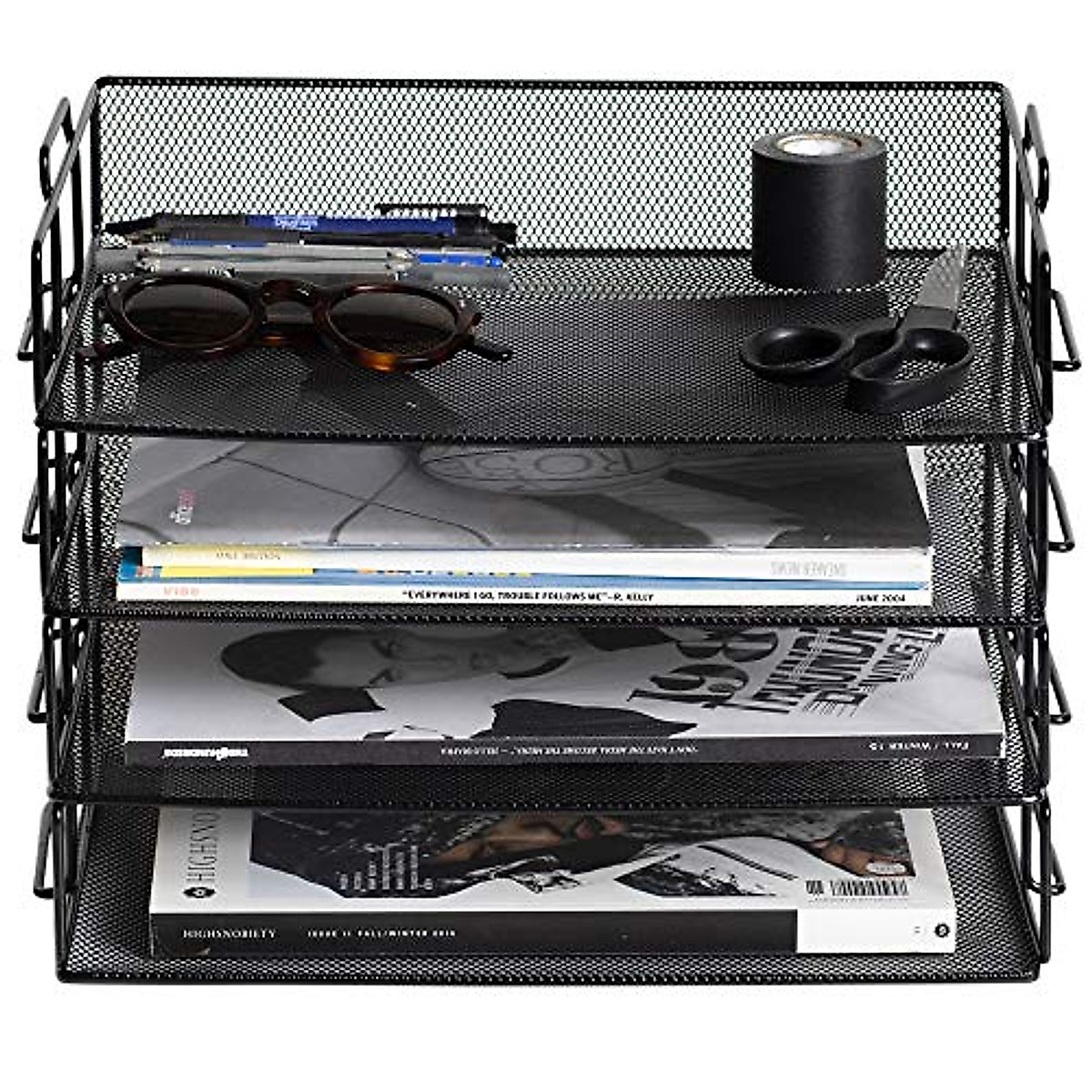 Klickpick Office 4 Tier Stackable Heavy Duty Metal Desktop Letter Tray File Organizer Sorter Desk Document Organizer Shelf Tray Magazine Holder Paper File Newspaper Organizer Tray (Black)
