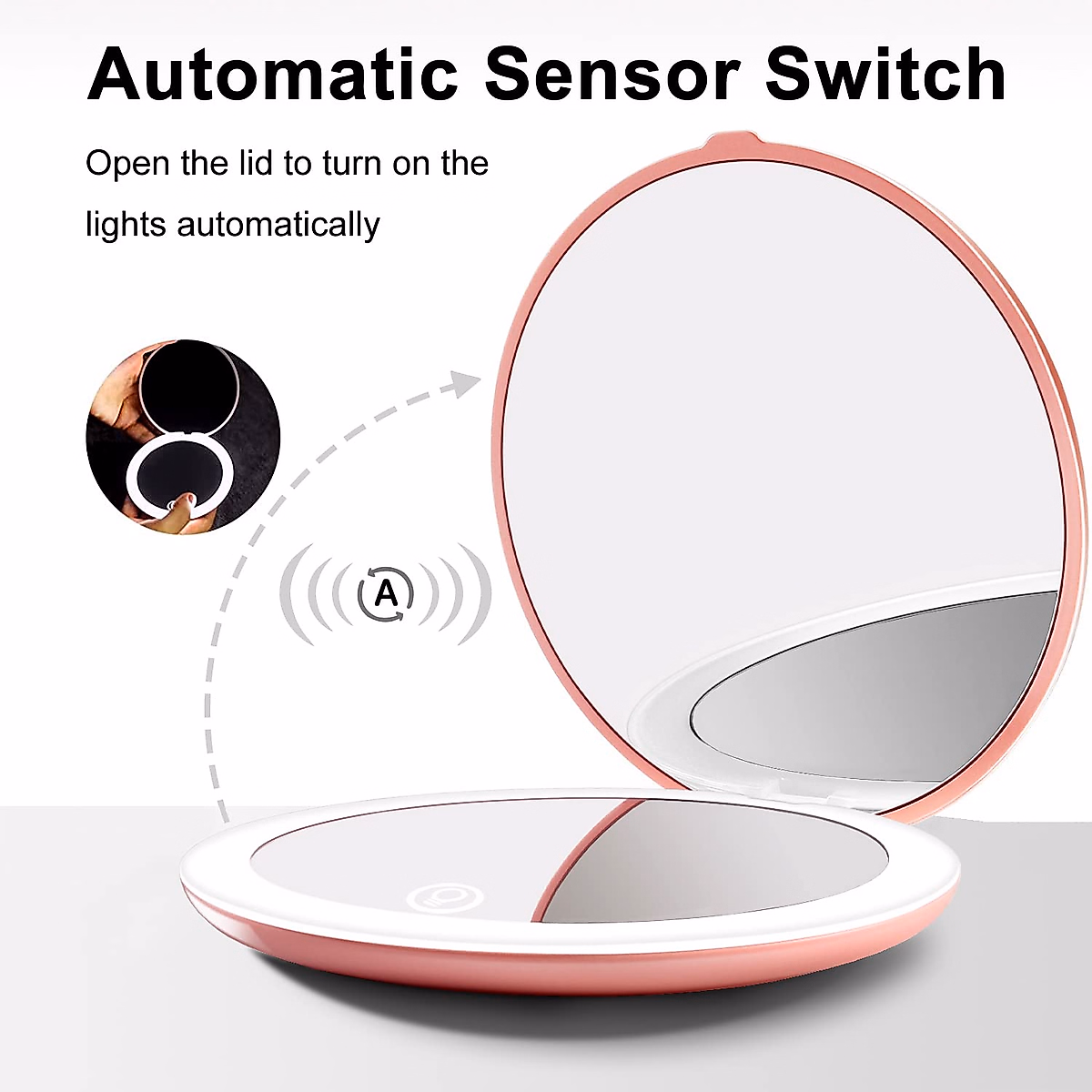 P TOPPSTORE LED Lighted Compact Mirror,4 Inch 1X/5X Magnification Travel Makeup Mirror,Rechargeable Portable Compact Mirror with Light for Handbag, Purse, Pocket, Pink