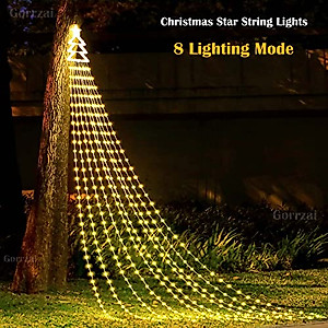 Gorrzai Outdoor Christmas Decorations Star String Lights 420 LED Waterproof String Lights with Christmas Tree Topper, 8 Lighting Modes Waterfall Lights for Tree Patio Garden Yard Party (Warm White)