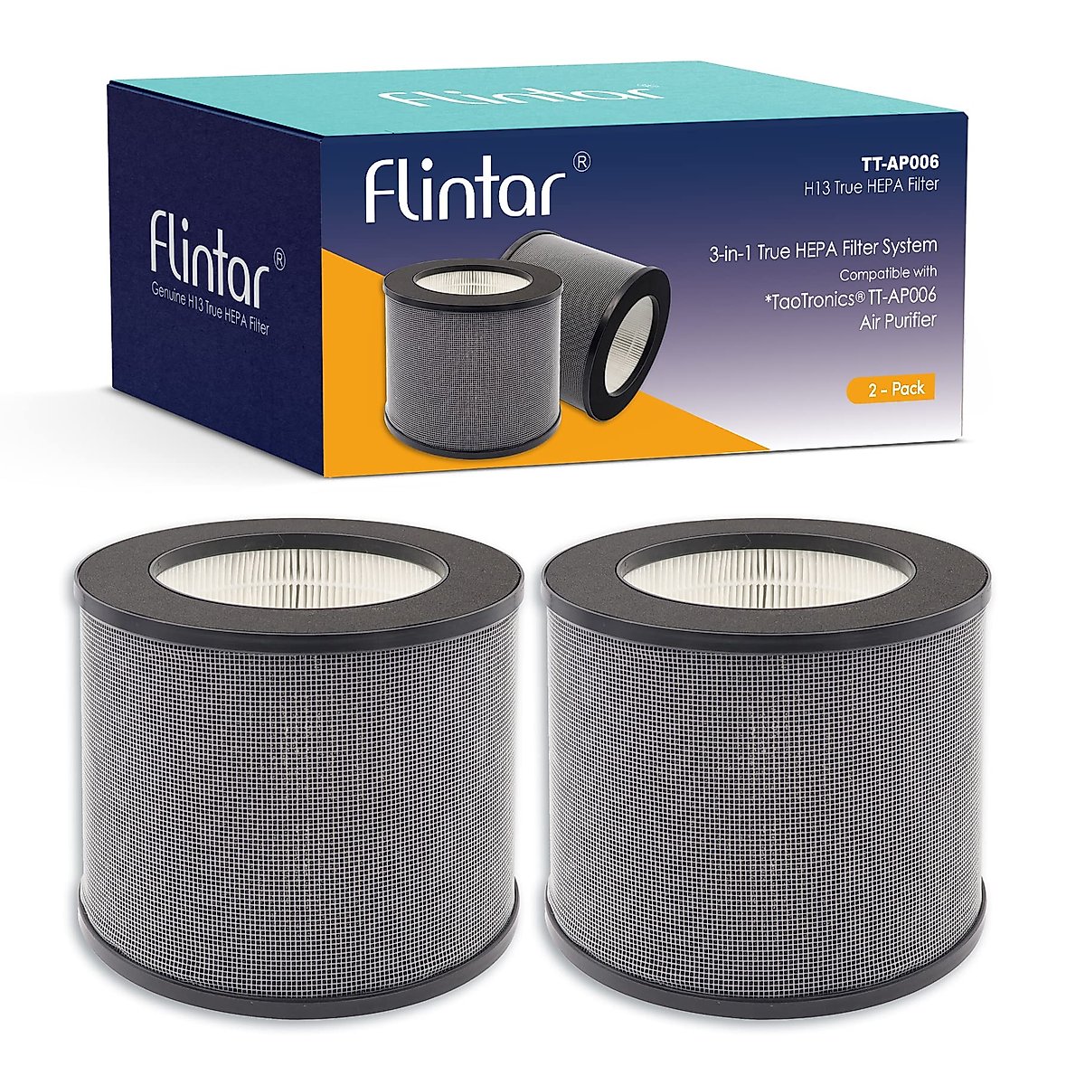 Flintar 2-Pack AP006 H13 True HEPA Replacement Filter, Compatible with TaoTronics TT-AP006 Air Purifier, 3-in-1 Pre-Filter, H13 Grade True HEPA and Activated Carbon Filter Set