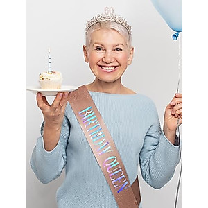 SWEETV 60th Birthday Crown Tiara Sash for Women Rose Gold Birthday Queen Sash and Tiara Crown Set Rhinestone Princess Headband for Birth Day Party Photograph