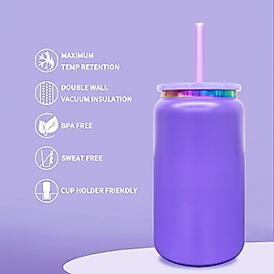 Glass Cups with Lids and Straws, 16 oz Stainless Steel Cups, Insulated Skinny Tumbler, Powder Coated Travel Mugs for Laser Engrave, Iced Coffee Cup for Smoothie Water DIY Gift (Purple,1 pack)