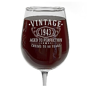 Vintage 1943 Etched 16oz Stemmed Wine Glass – Happy 80th Birthday Gifts for Women Men, Cheers to Turning 80 Year Old Decorations Decor, 80th Bday Party Favors Supplies, Best Gift Ideas Her Woman 1.0