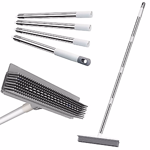 pet Hair Removal Broom Rubber Broom 66 inches Extended 2-in-1 Carpet rake with Scraper 4 Sections Stainless Steel Handle to Clean Hardwood Floor Bathroom Wipe