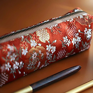 PurpleWillow Embroidered Small pencil case, pencil pouch,Portable Pencil Bag,Cosmetic Bag Coin Pouch,Office Stationery Organizer, woman,Adult (Orange-red)