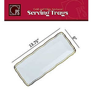 Plastic Serving Tray | White Rectangular Serving Trays with Gold Rim Border, Disposable Heavyweight Serving Party Platters, 13.75" x 6" 6 Pack. - Posh Setting