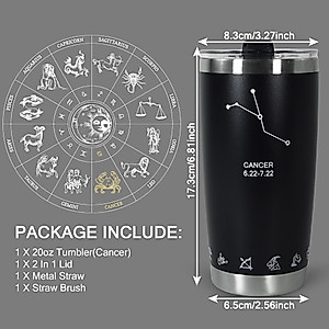 sweet grain 20oz Coffee Tumbler - Stainless Steel Double Wall Insulated Constellation Tumbler with Lid and Straw, Personalized Zodiac Gifts for Birthday/Bachelor Party - Cancer