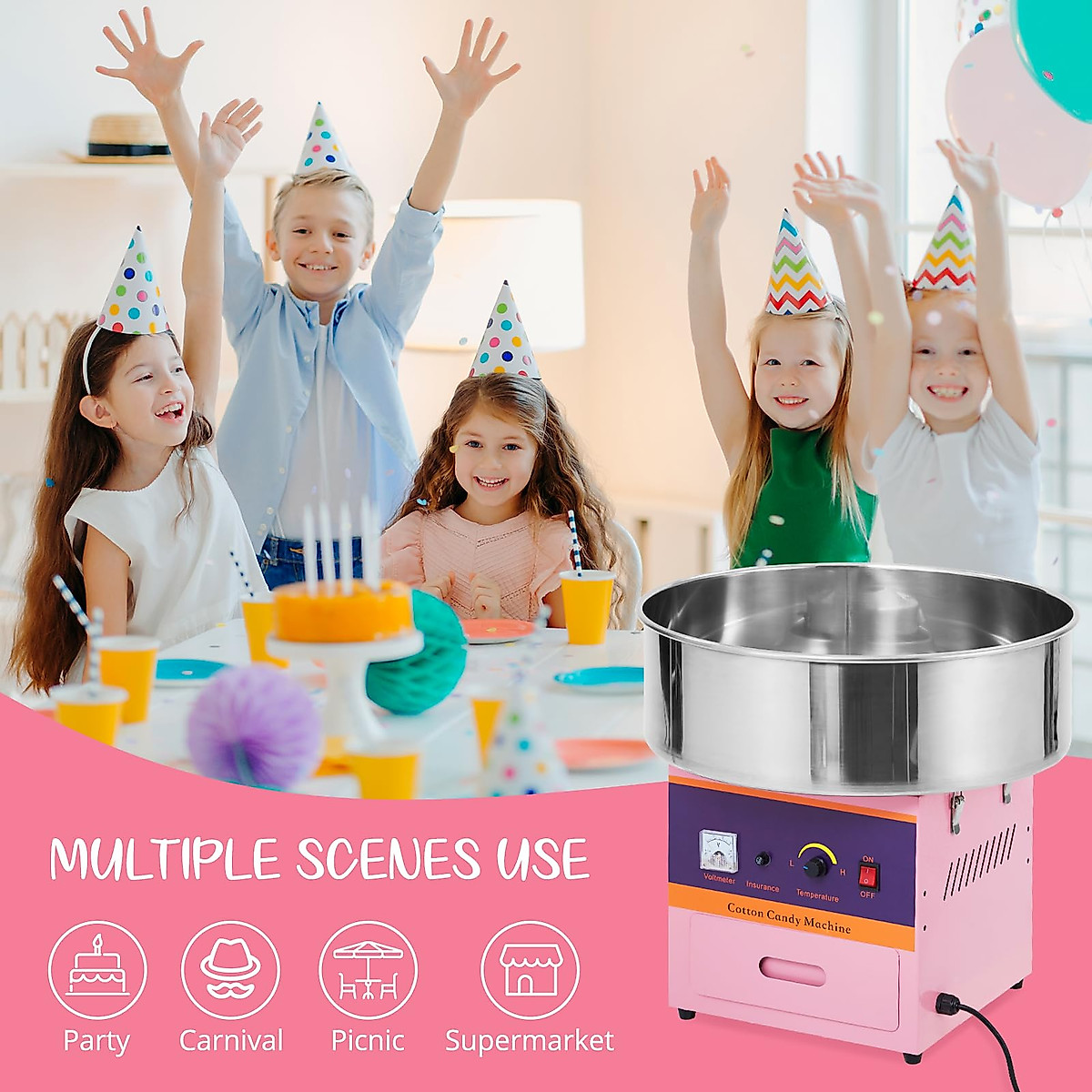 Garvee Commercial Cotton Candy Machine, 1000W Cotton Candy Maker with Stainless Steel Bowl, Sugar Scoop and Large Storage Drawer, Perfect for Home Party, Kids Birthday, Carnival, Pink