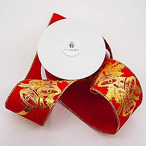 CT CRAFT LLC Red Velvet Gold Christmas Bell Wired Ribbon 2.5 Inch x 10 Yards for Christmas Home Decor Tree Topper Bow Gift Wrapping DIY Crafts Wreath Garland
