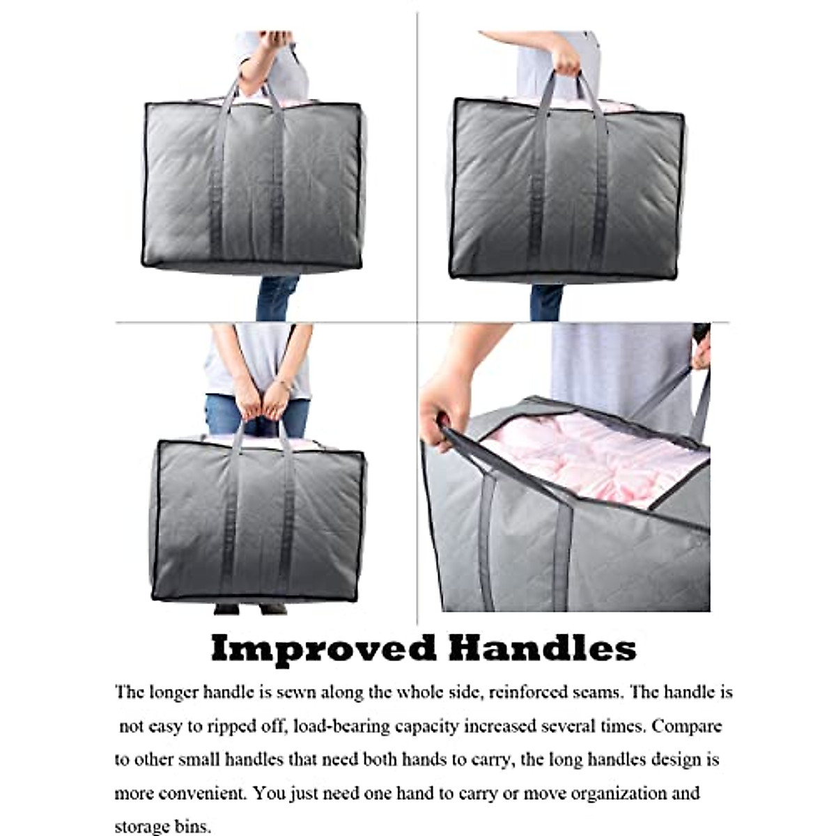 ROYTXT Fabric Organization and Storage Bins Containers Clothes Foldable Box with Handle Zipper Lids Comforters Blanket Cube Bags Dorm Room College Essentials Bedding Closet Bedroom 3 Pack, 81L, Grey