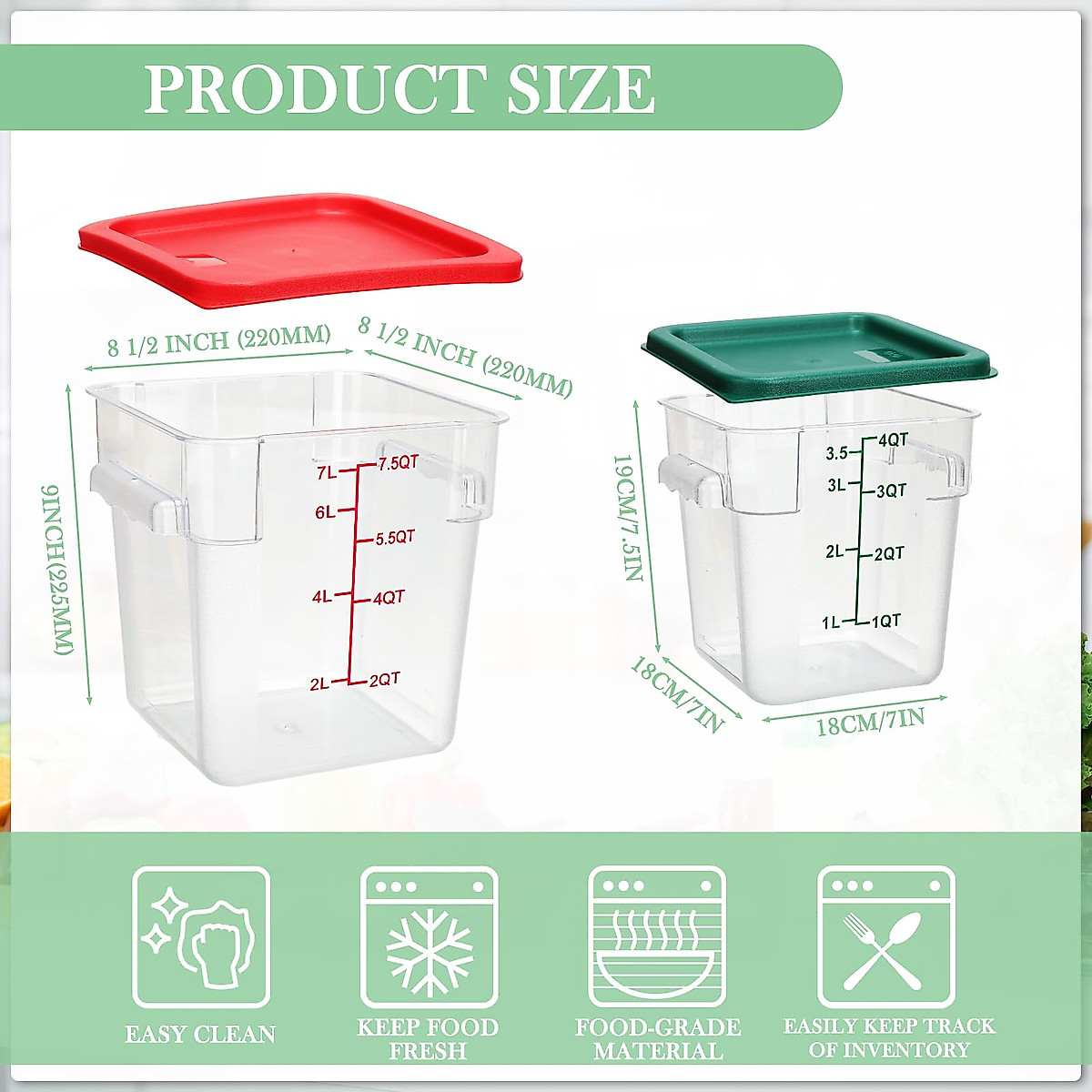 Lallisa 4 Pcs Food Storage Containers with Scales 8 qt and 4 qt Square Containers with Lids and Handles Polycarbonate Air Tight for Home Storage Kitchen Restaurant(Red, Green)