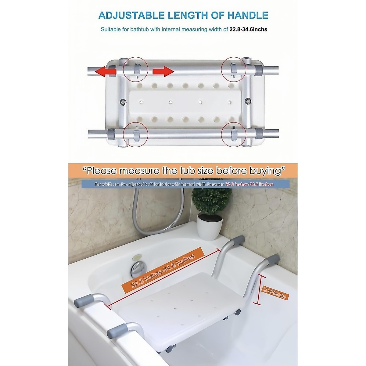 Heavy Duty Bath Bench Seat, Suspended Bath Tub Shower Chair Aluminum Alloy Bathtub Benches Bathing Seat for Elderly Adults Seniors Disabled or Injured, Length Adjustable Universal Fit, 260LBS Load