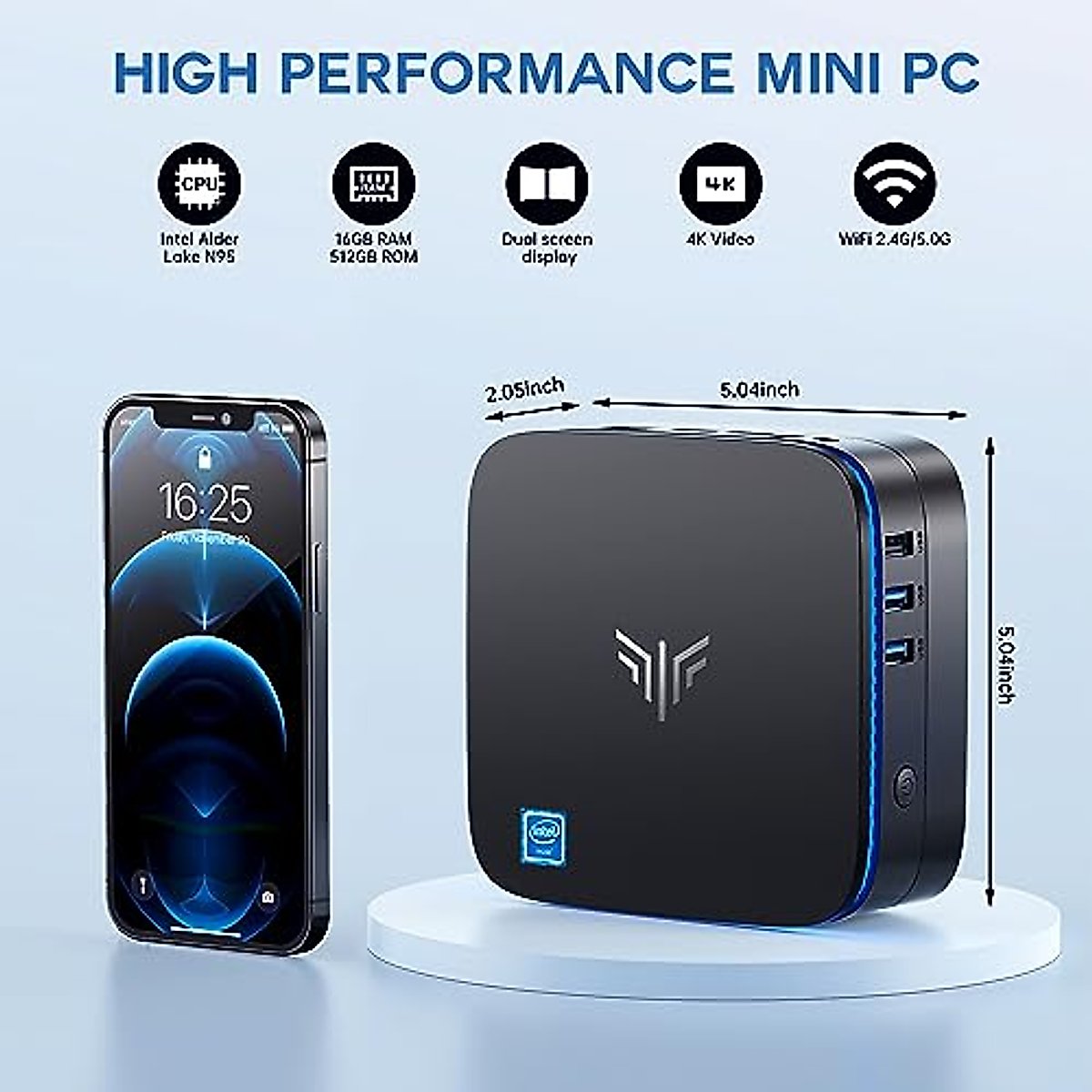 KAMRUI Mini PC 16GB RAM, AK1Plus Mini Computer with Intel Alder Lake N95(up to 3.4 GHz), 512GB M.2 SSD Small Desktop Computers Support 4K UHD/HDMI 2.0/LAN/Dual-Band WiFi for Work Study Design