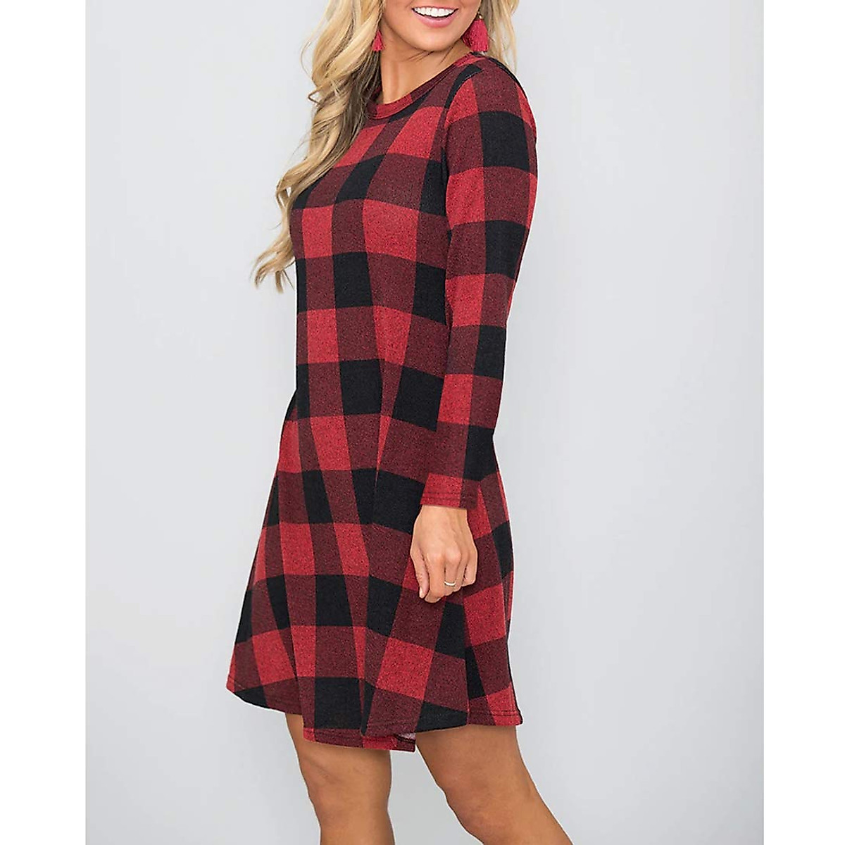 MIROL Women's Long Sleeve Plaid Color Block Casual Swing Loose Fit Tunic Dress