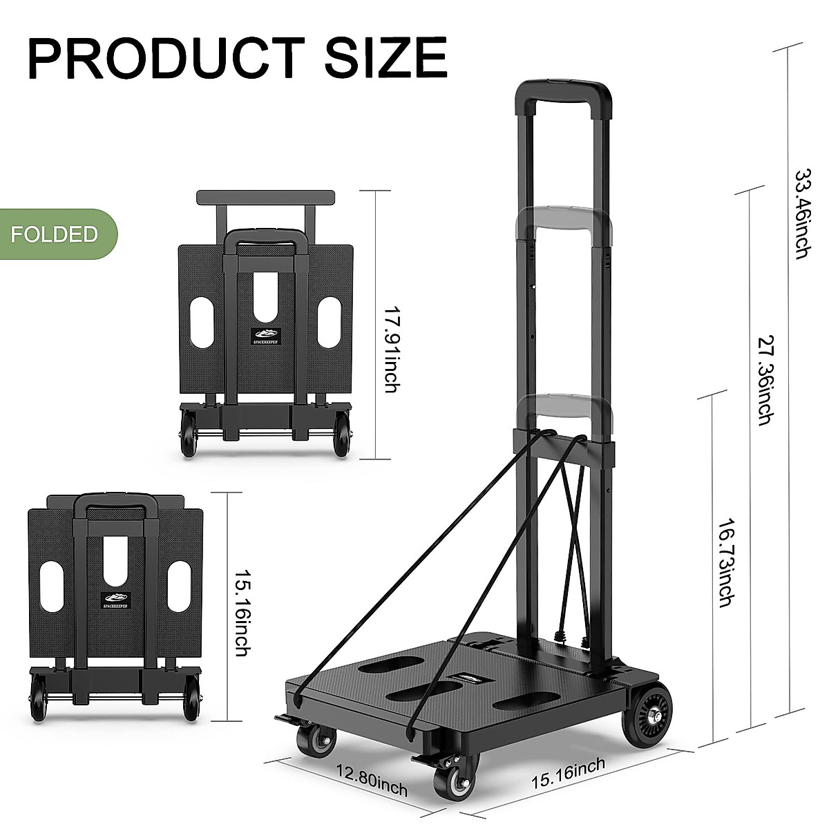 SPACEKEEPER Foldable Hand Truck Dolly, 265 LB Folding Luggage Cart with Wheels, Portable Flatbed Cart Collapsible Hand Truck for Luggage, Travel, Moving, Shopping, Office Use, Black