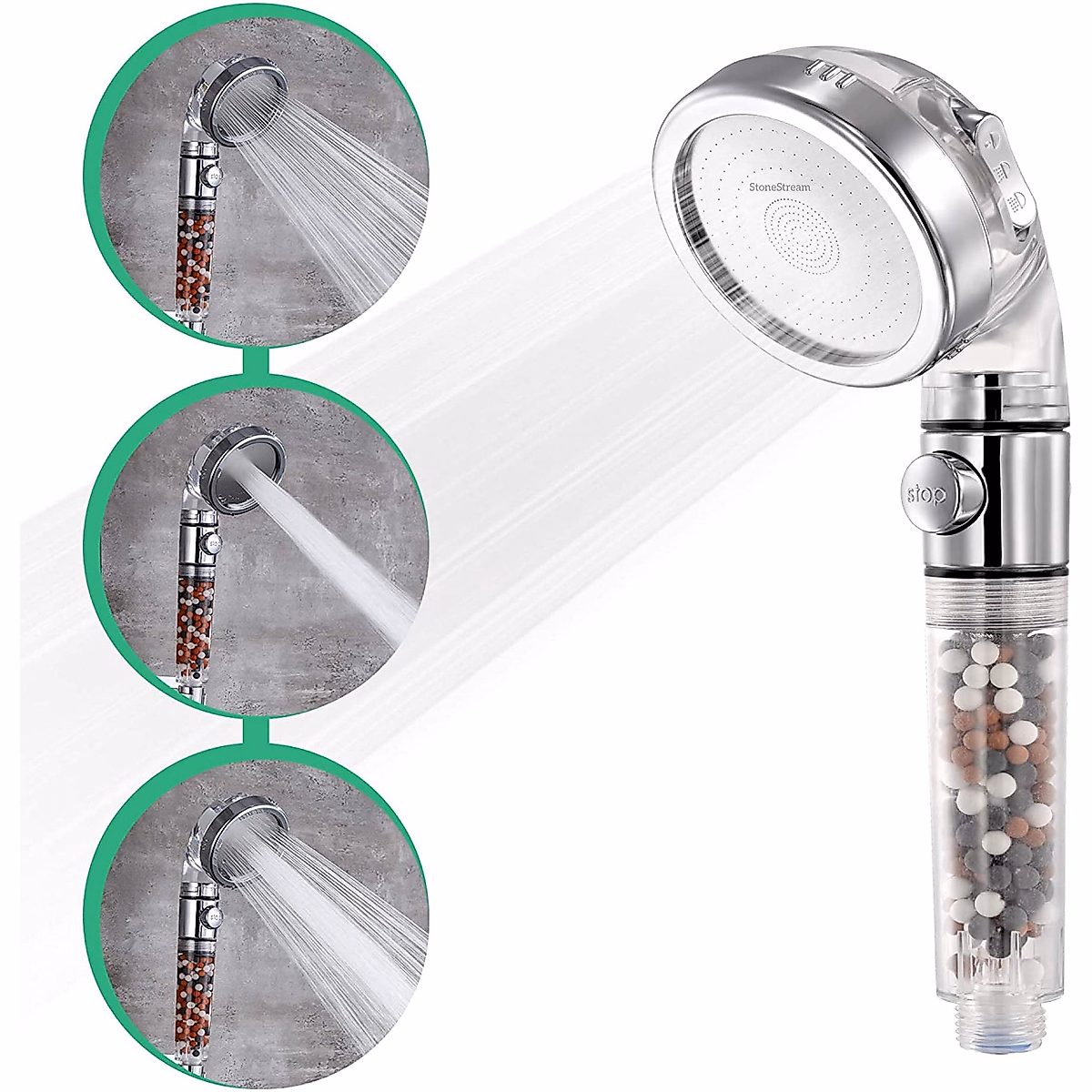 Filtered Shower Head by StoneStream, Original EcoPower High Pressure Shower head with Hard Water Filter and ON/OFF switch and Spa like Ionic beads for Dry Skin & Hair —3 Spray Settings