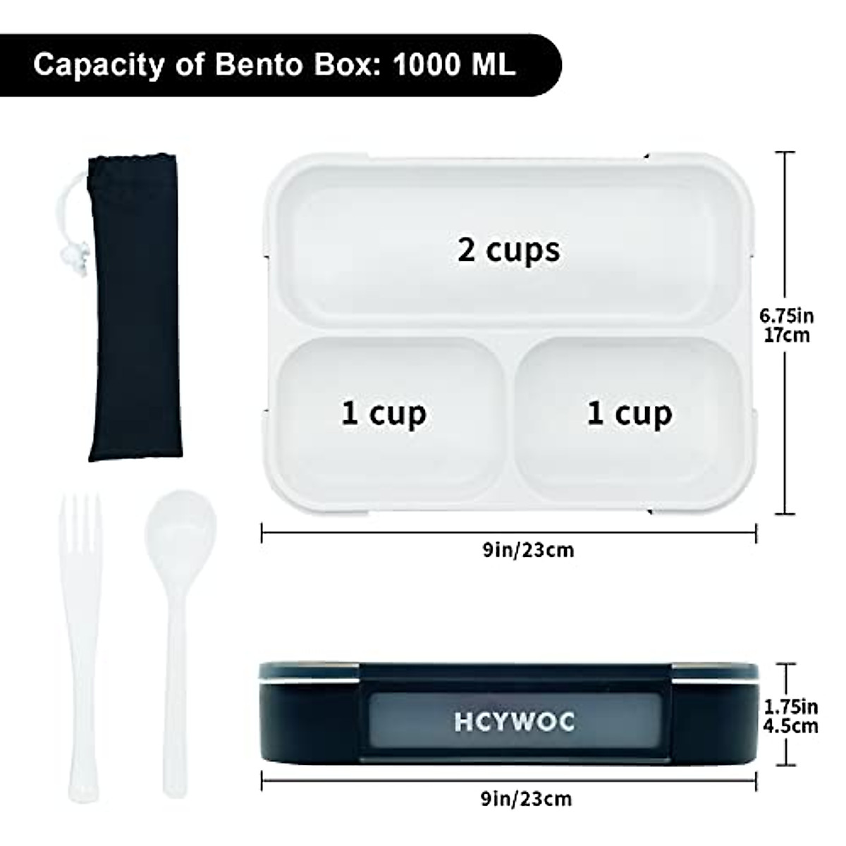HCYWOC Bento Box Adult Lunch Box, 1000ml Bento Lunch Box for Kids, 3 Compartment Lunch Containers for Older Kids and Portion-controlled Adult, BPA Free, Leak-proof, Microwave/Dishwasher Safe