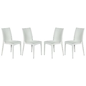 LeisureMod Hickory Indoor-Outdoor Modern Weave Design Stackable Dining Side Chair Set of 4 (White)