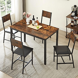 Rovibek 4 Chairs Dining Table Set for 4-8, Modern Space Saving Kitchen Desk, Wooden Industrial Style Farmhouse, 47", Leather Black Brown