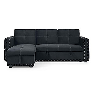 ATY L-Shaped Sectional Sofa with Reversible Storage Chaise & Pulled Out Couch Bed, Living Room Home Furniture 4-Seater w/Copper Nail for Office, Black