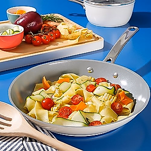 Sur La Table Kitchen Essentials 10 Piece PFA Free Non-Toxic Titanium Ceramic Nonstick Interior Forged Aluminum Cookware Pots and Pans Set - Linen White - Induction Compatible