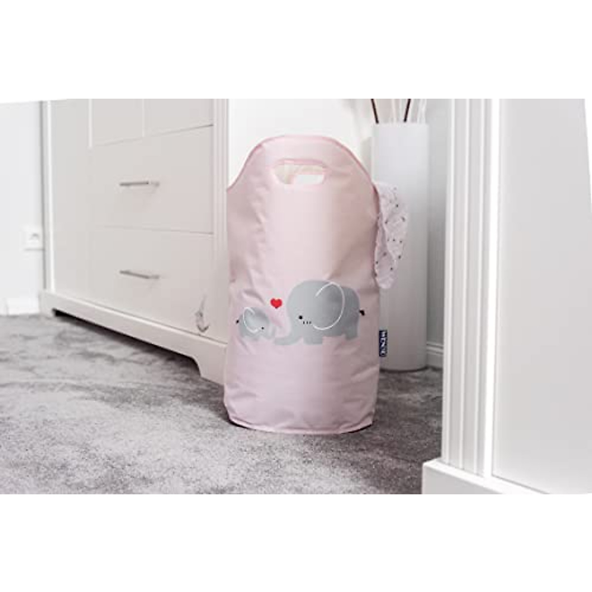WENKO Kids Laundry Hamper, Baby Hamper for Nursery, Baby Basket for Dirty Clothes, Elephant Nursery Hamper, Toy Basket with Handles, Pink Laundry Bin, 15.7 x 20.5 x 7.9 inch