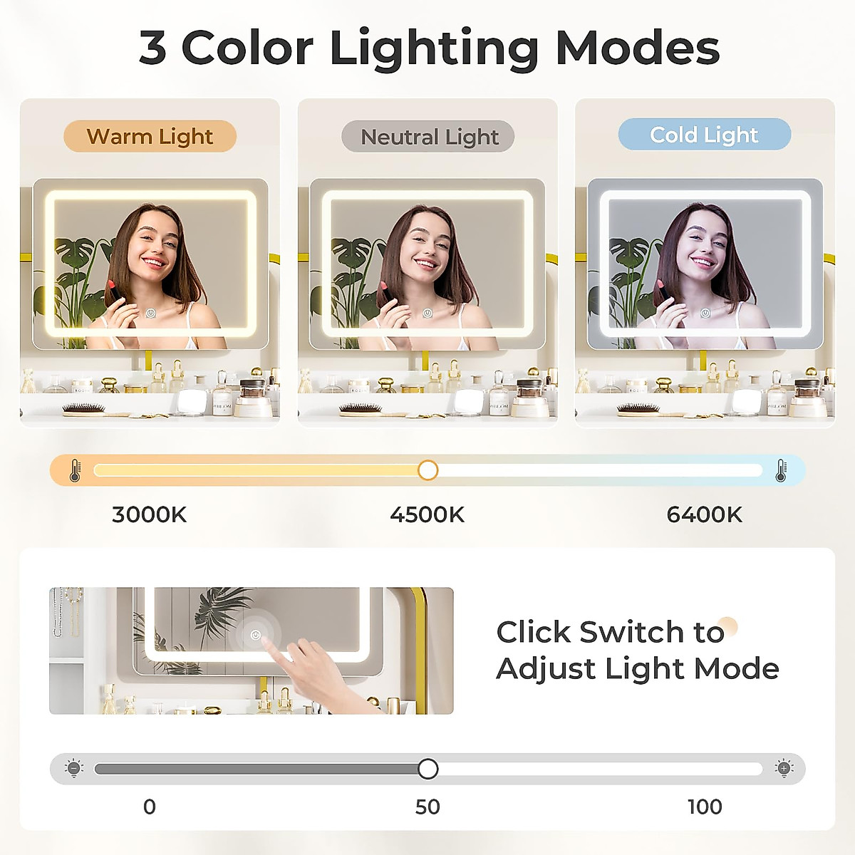 Hasuit Large Vanity Desk with Mirror and Lights,68.9'' Long Makeup Dressing Vanity Table with Charging Station, 8 Drawers, Vanity Mirror 3 Lighting Modes Adjustable, White