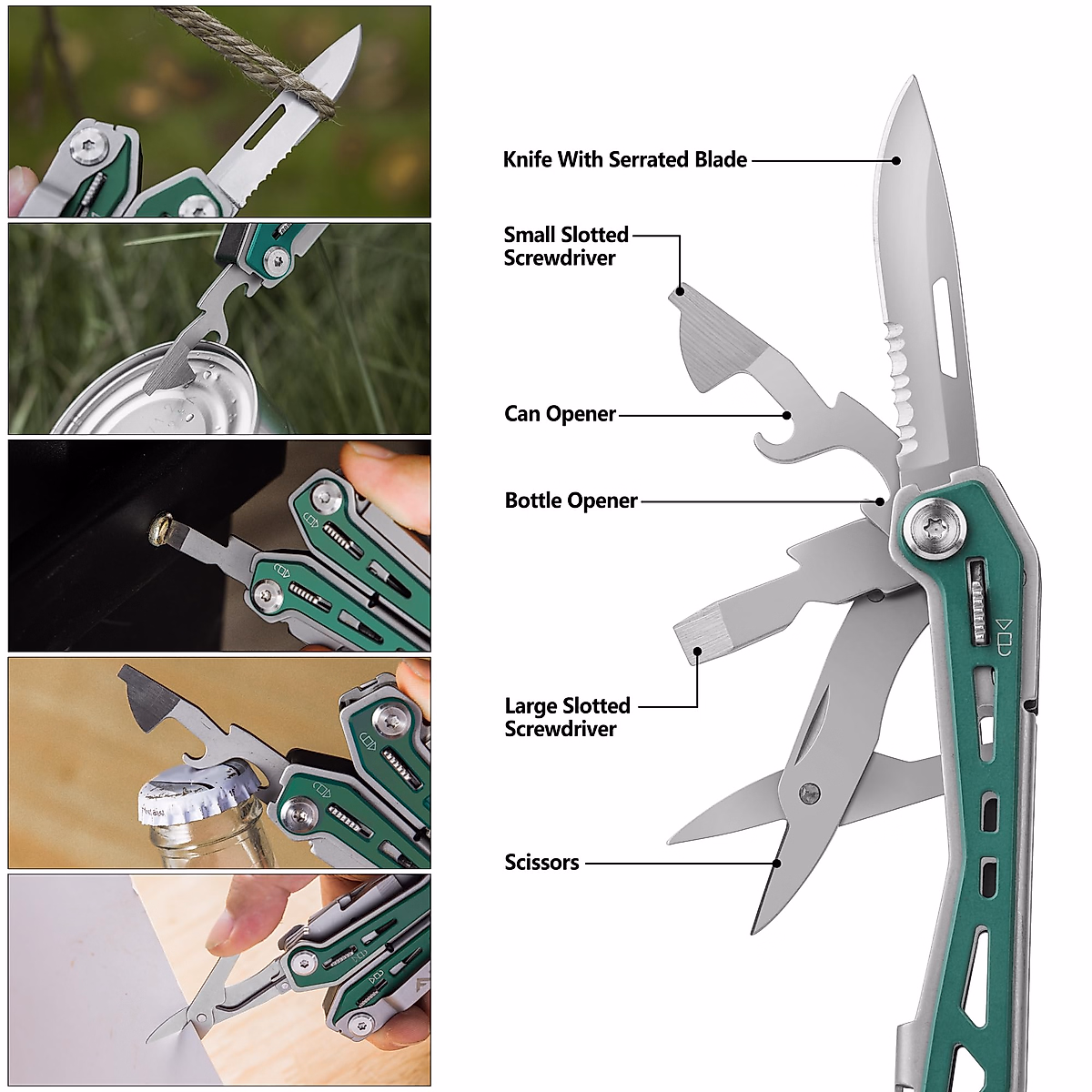 FLISSA Multi Tool Pliers, Green 16 in 1 Stainless Steel Multipurpose tool with Tactical Multitool Knife, Screwdrivers, Saw, Bottle Opener and Durable Sheath, Essential Gear for Outdoor Adventures