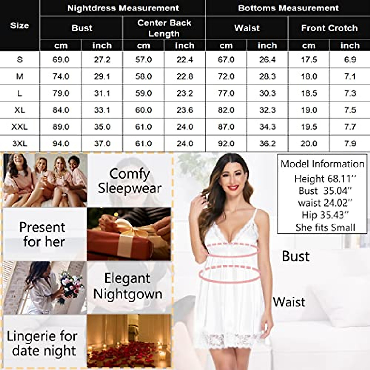 Avidlove Women Satin Lingerie Nightgown Sexy Silk Nighty Lace Babydoll Chemise White M