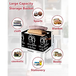 Storage Basket Black Flip Flops Large Foldable Storage Bins with Handles Life Is Better In Flip Flops Waterproof Fabric Laundry Baskets for Organizing Shelves Closet Toy Gifts Bedroom Home Decor