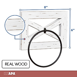 Ilyapa Rustic Hand Towel Ring for Bathroom- Wall Mounted Bathroom Hand Towel Holder - White Wood & Black Metal Ring, Farmhouse Decor